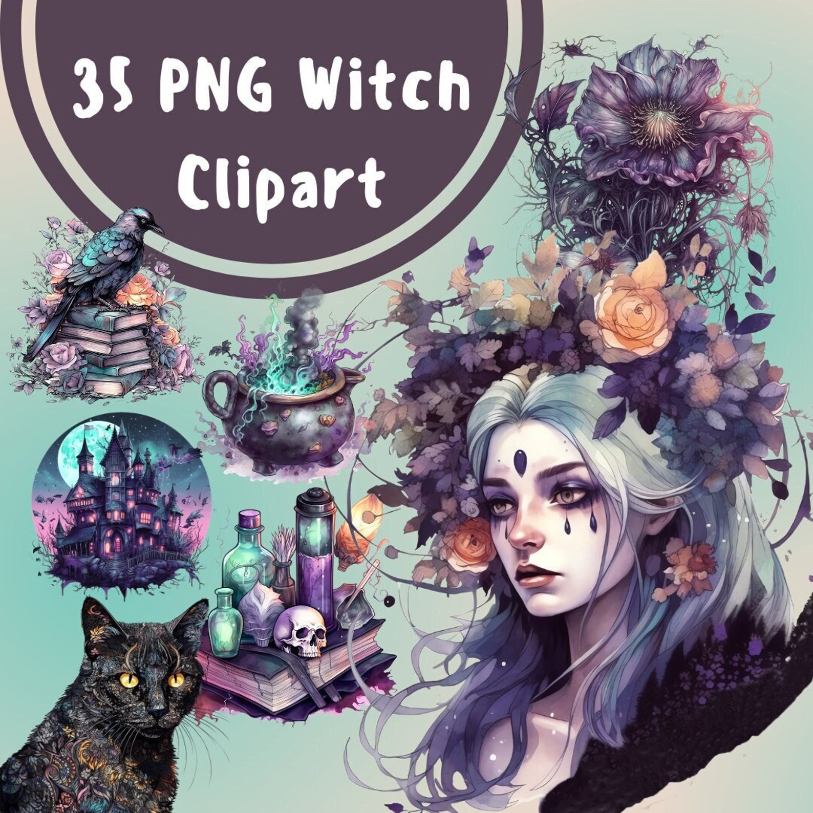 Watercolor Witch Clipart PNG Magic Clip Art Witchcraft Clip - Etsy