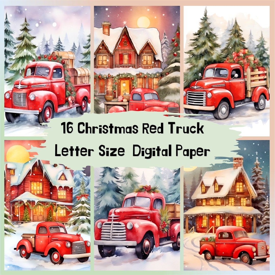 Printable Red Truck Country Christmas Digital Paper, Watercolor Holiday ...