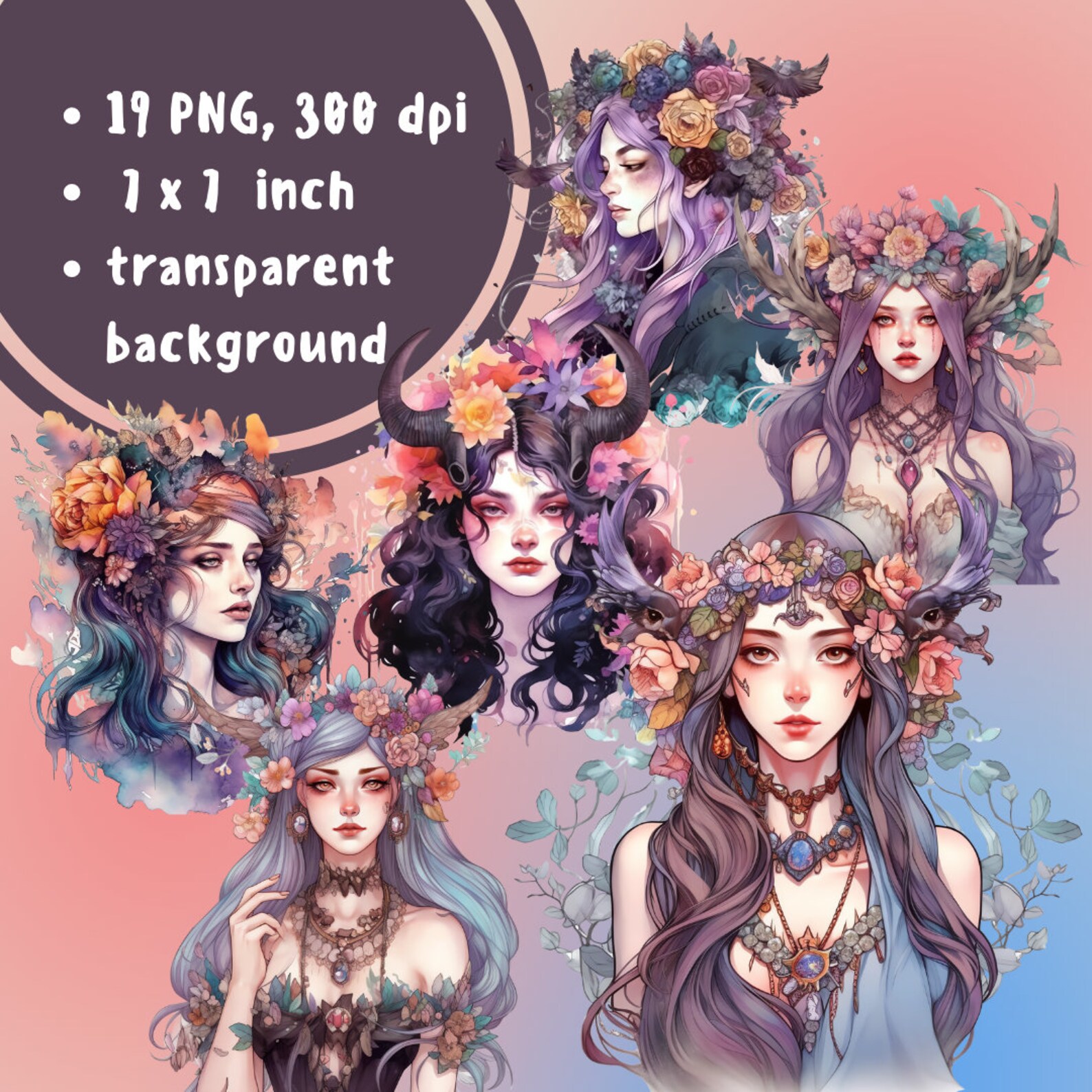 Watercolor Flower Witch Clipart PNG Bundel, Floral Fairy Girl Clip Art ...