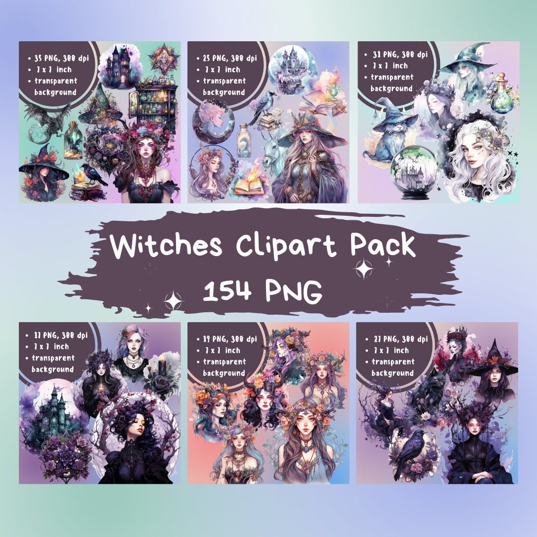 154 PNG Witches Watercolor Clipart Bundle, Mystical Clipart, Witchcraft ...