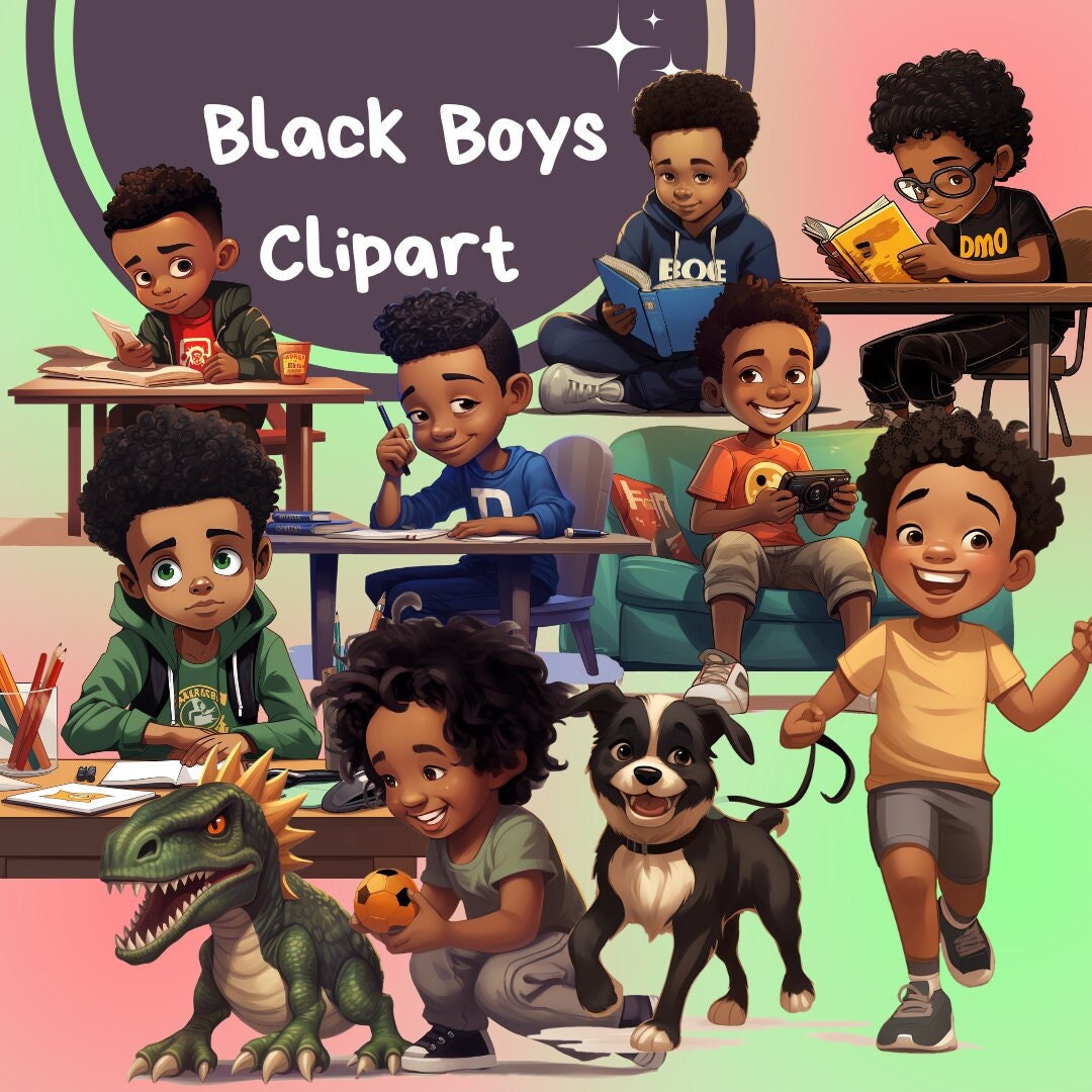 Black Boy Clipart: School, Reading, and Daily Life (PNG Digital ...