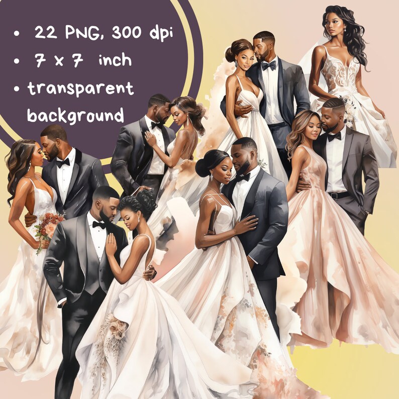 Black Bride and Groom Watercolor Clipart: Wedding PNG Bundle (digital ...