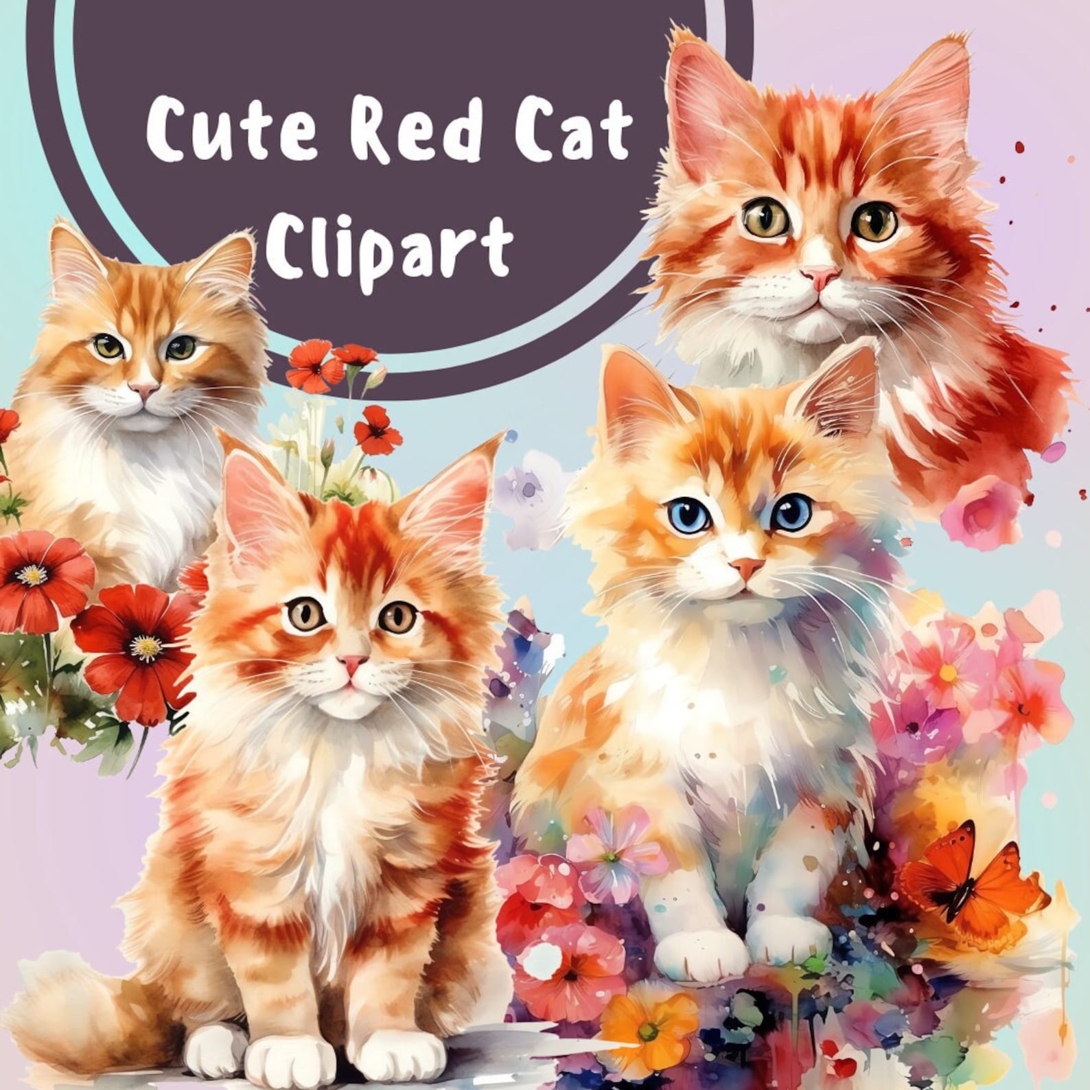 Cute Ginger Cat Clipart, Red Cat, Cat PNG, Watercolor Cat Clip Art, Cat ...