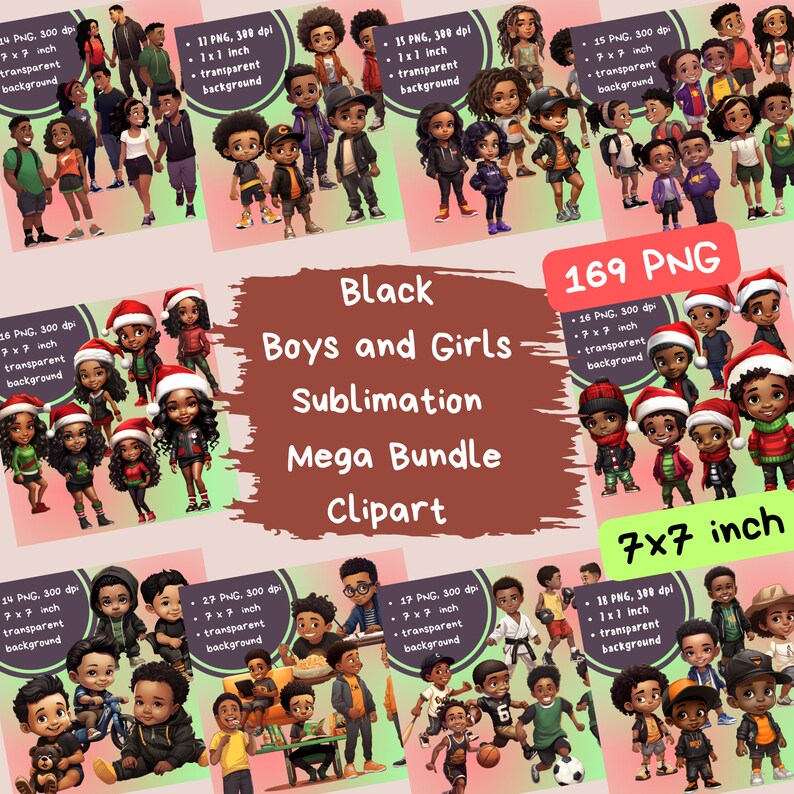 Black Boys and Girls Clipart Bundle: Watercolor Kids PNG (digital ...
