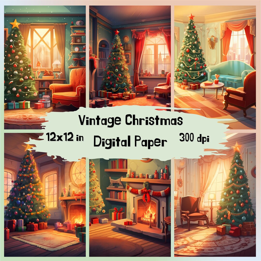 Printable Vintage Christmas Holiday Scenes Digital Paper, Christmas ...
