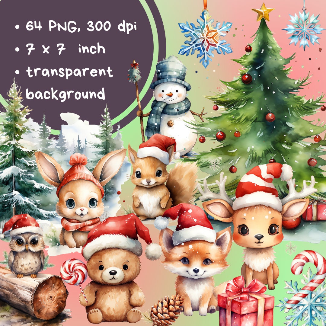 64 PNG Woodland Christmas Clipart, Cute Forest Animal, Xmas, Watercolor ...