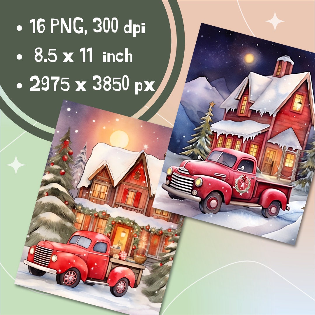 Printable Red Truck Country Christmas Digital Paper, Watercolor Holiday ...