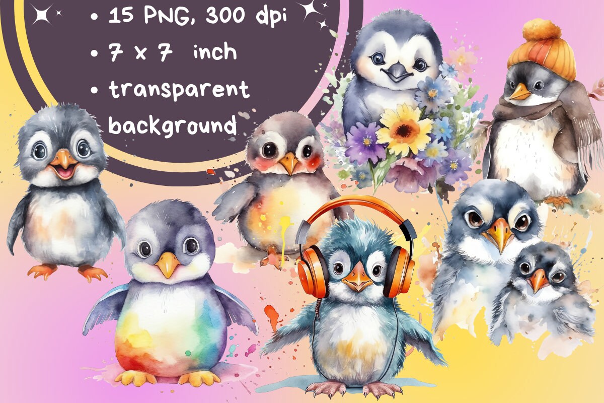 Cute Watercolor Penguins Clipart, Penguin Png, Penguin Bundle, Digital ...