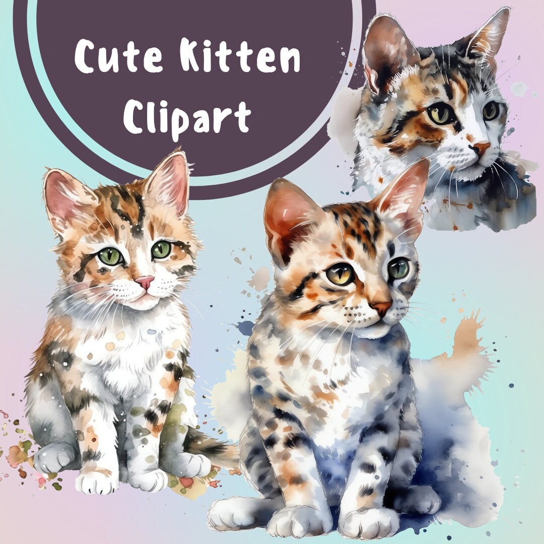 Cute Kitten Clipart, Cat PNG, Watercolor Cat Clip Art, Printable Cat ...