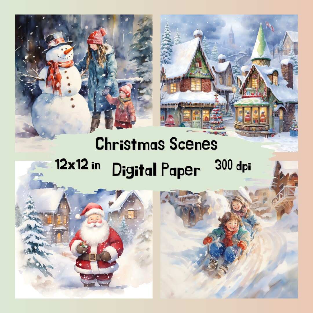 Christmas Scenes Digital Paper, Holiday Scenes Winter Christmas ...