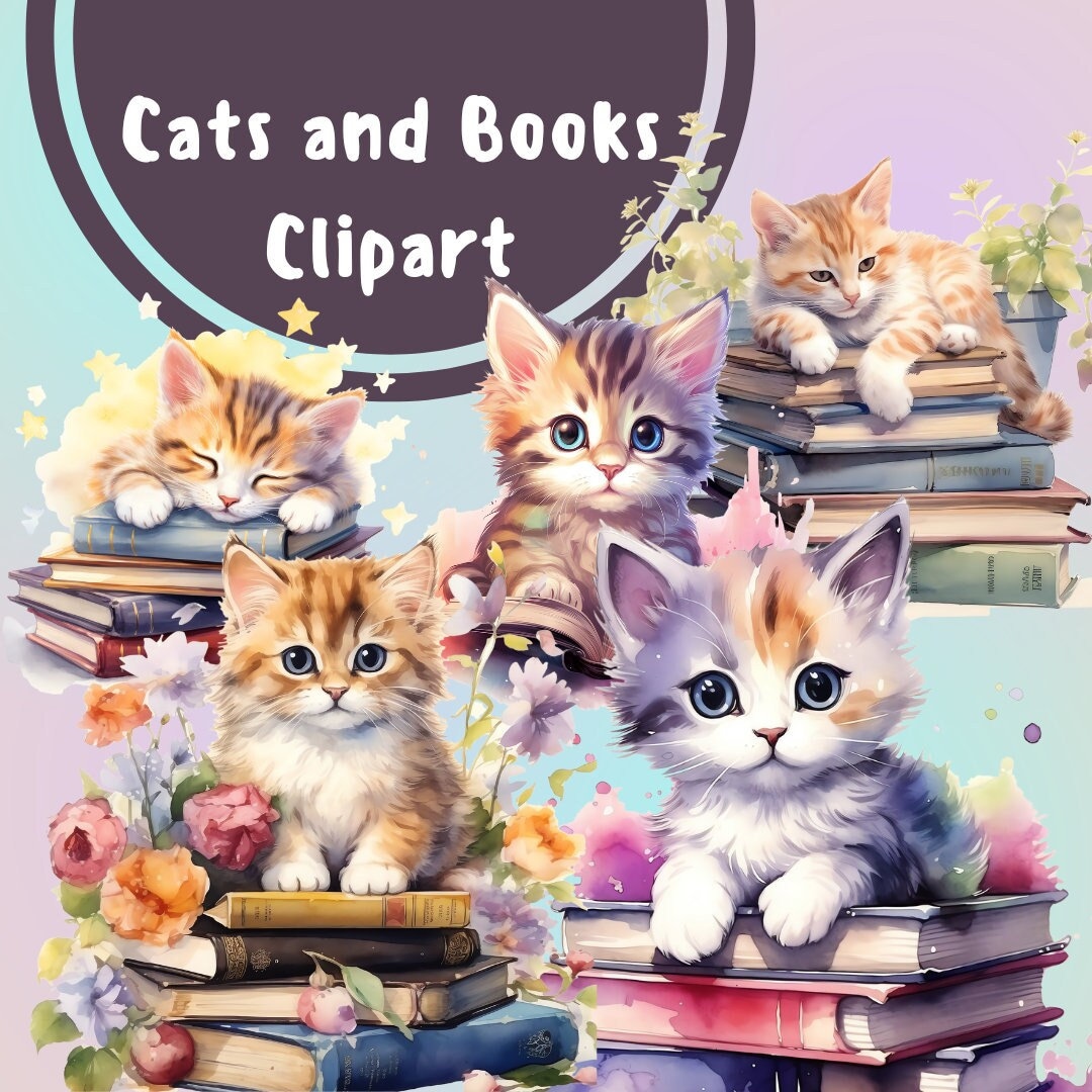 10 PNG Cute Cat With Books Clipart, Kitten Clipart, Books Instant ...