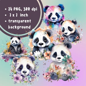 24 PNG Cute Watercolor Panda Clipart, Baby Panda Bears Clipart Bundle ...