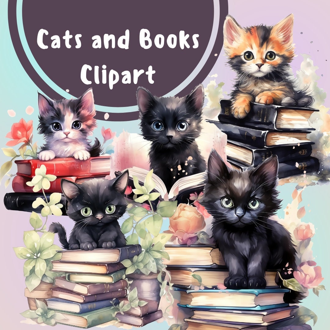 10 PNG Black Cat With Books Clipart, Kitten Clipart, Books Instant ...