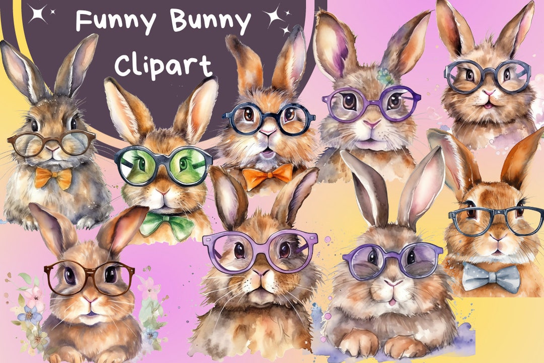 33 Funny Bunny Watercolor Clipart, Nursery Clipart, Bunny in Glasses ...