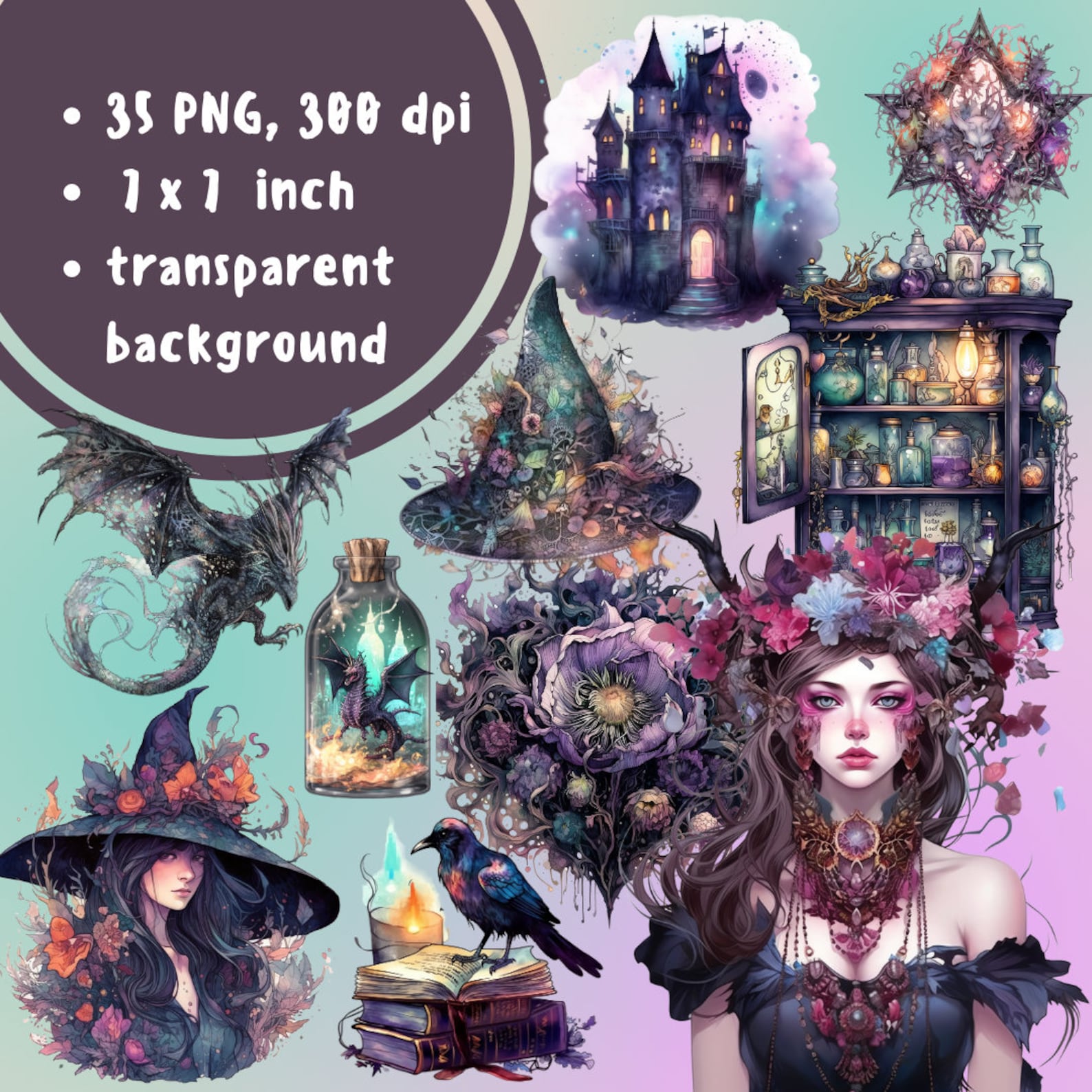 Watercolor Witch Clipart PNG Magic Clip Art Witchcraft Clip - Etsy