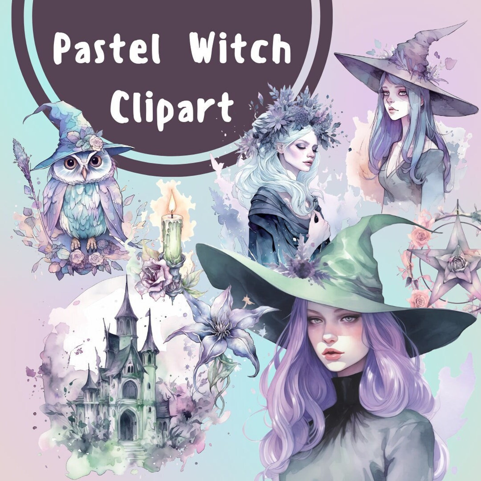 Pastel Witch Watercolor Clipart: Magic PNG Graphics (digital Download ...