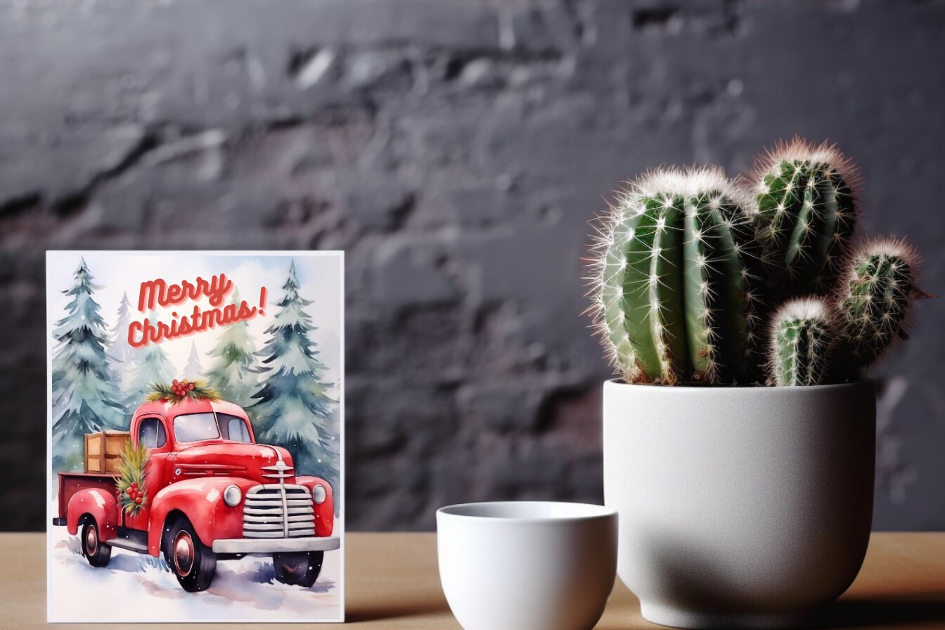 Printable Red Truck Country Christmas Digital Paper, Watercolor Holiday ...
