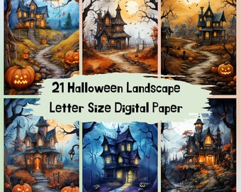 Halloween Landscape Digital Paper, Haunted Houses Images, Watercolor ...
