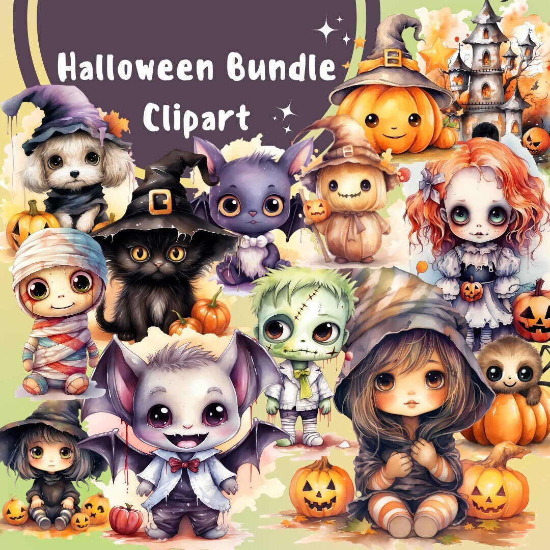 60 Watercolor Halloween Cute Ghost Witch Bat Vampire Jack-o-lantern ...