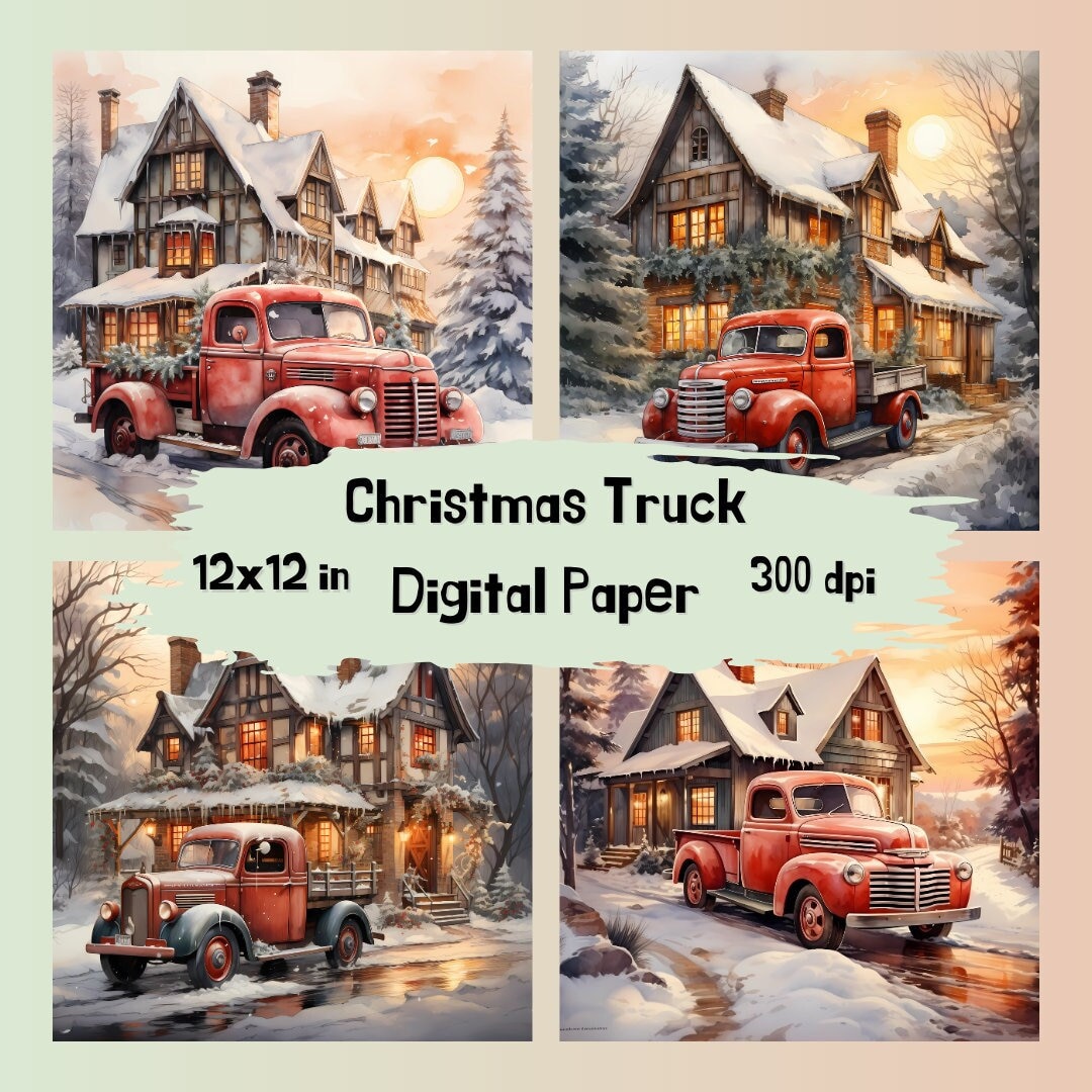 Printable Red Truck Country Christmas Digital Paper, Watercolor Holiday ...