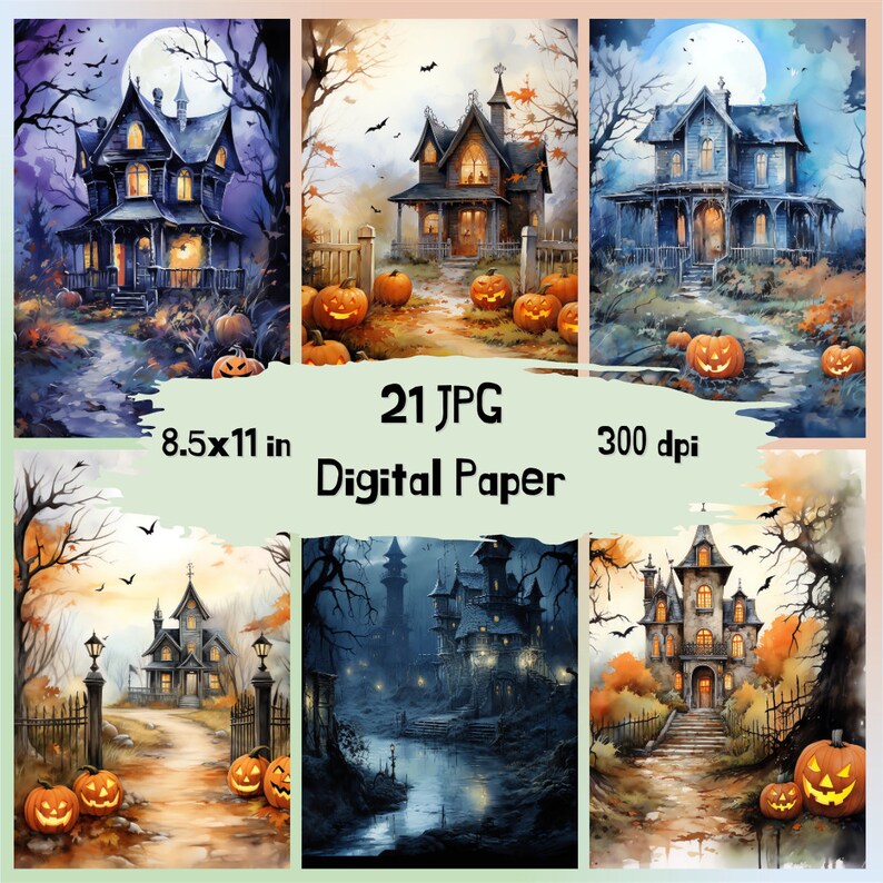 Watercolor Halloween Landscape Digital Paper: Spooky Scenes (digital ...