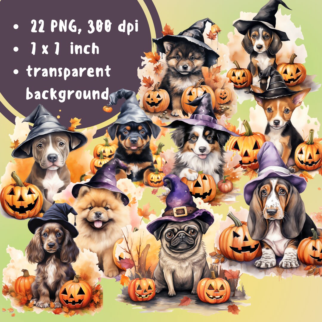 22 PNG Cute Watercolor Puppy Halloween Clipart, Witch Puppy Png, Dog ...