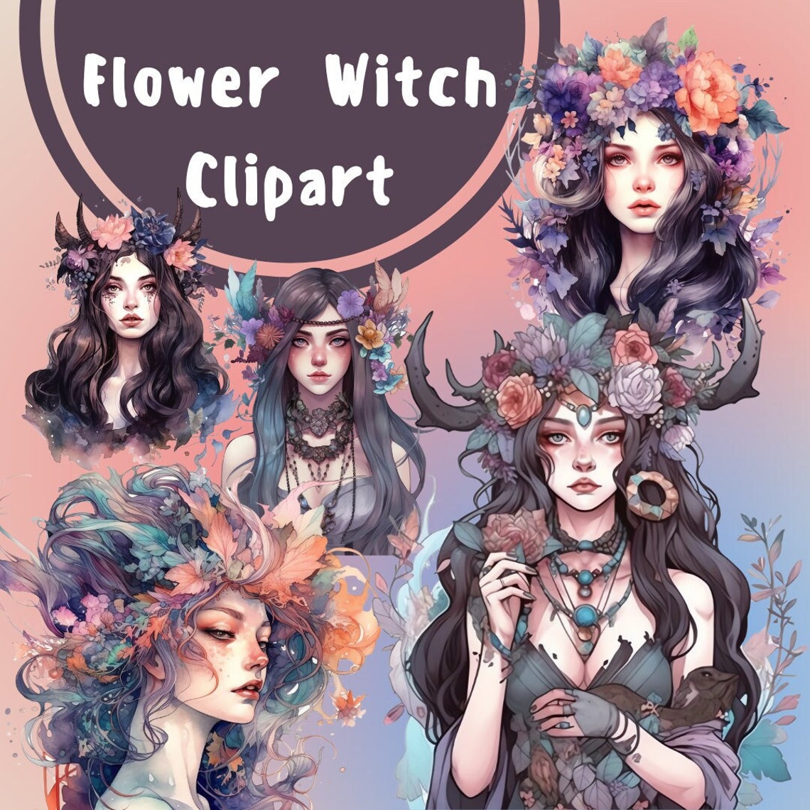 Watercolor Flower Witch Clipart PNG Bundel Floral Fairy Girl - Etsy