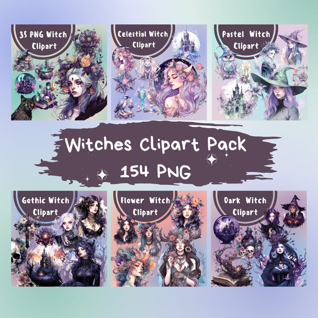 154 PNG Witches Watercolor Clipart Bundle, Mystical Clipart, Witchcraft ...