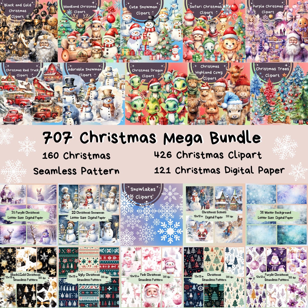 Watercolor Christmas Clipart Mega Bundle: Digital Paper & Seamless ...