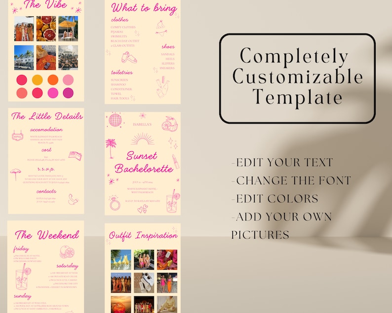 Sunset Bachelorette Itinerary Template | Editable Canva Design (digital ...