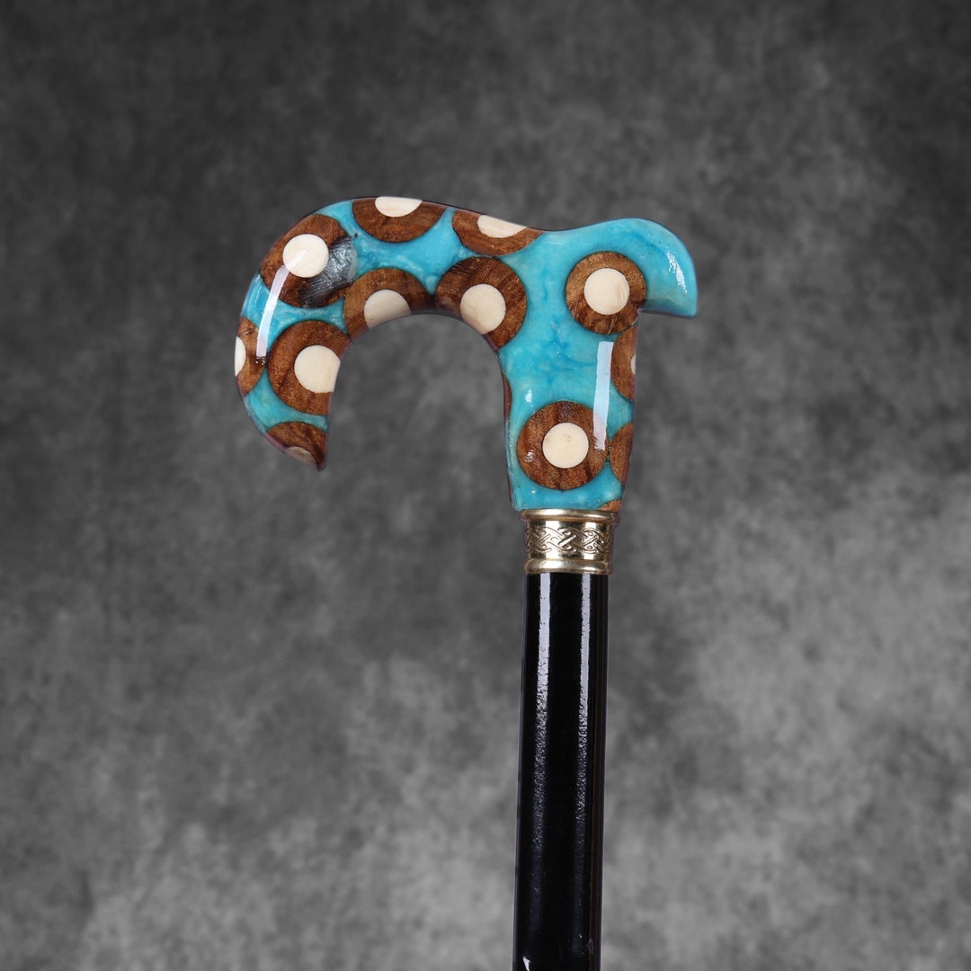 Handcrafted Rosewood Walking Stick: Turquoise Inlay Handle, Brass ...