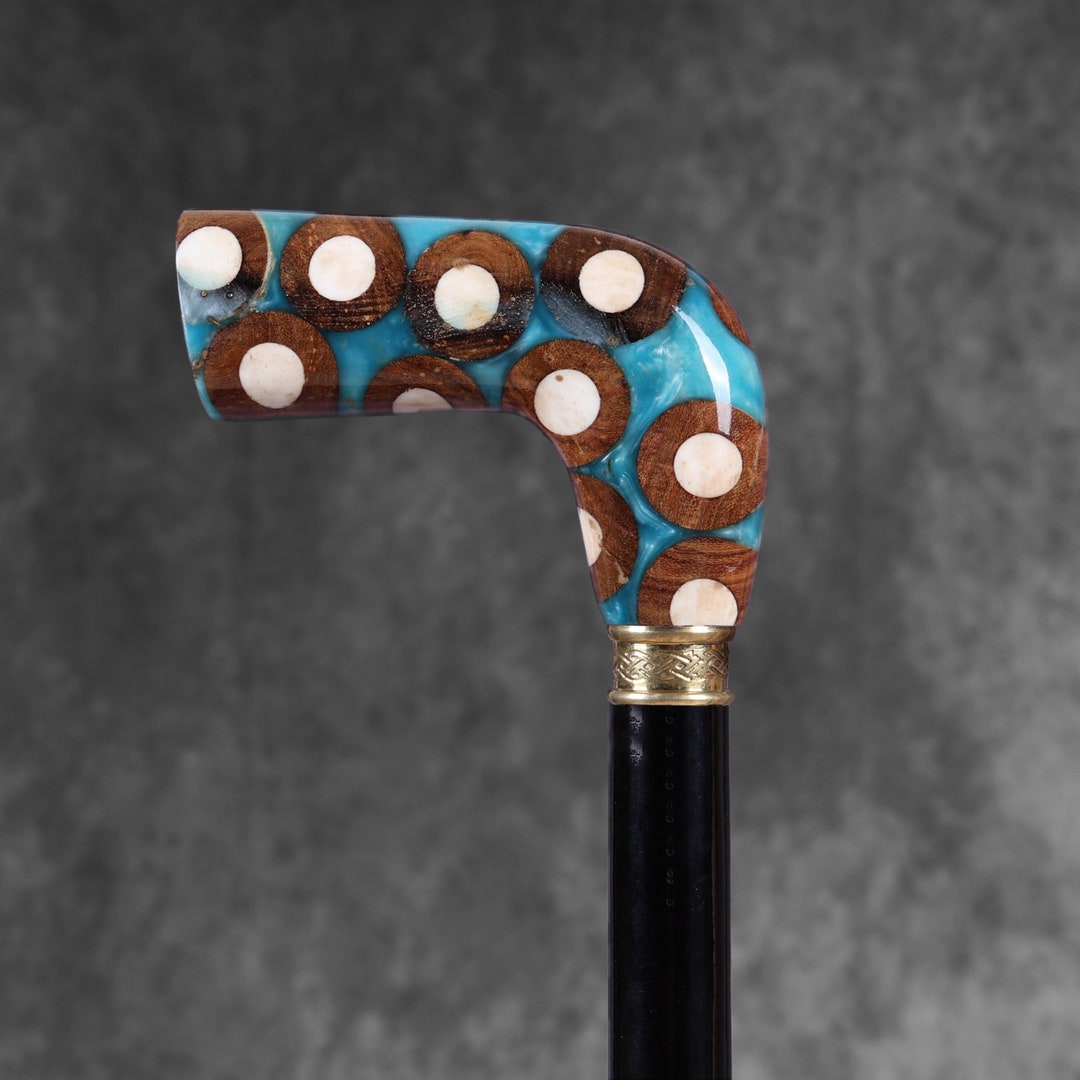 Rosewood Walking Stick With Blue Epoxy Handle Featuring White and Brown ...