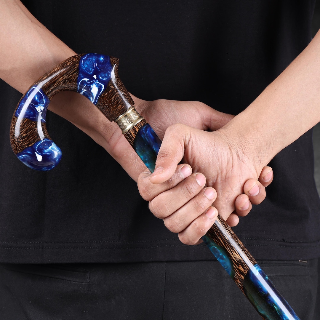 Handcrafted Palmwood & Blue Ocean Resin Walking Stick | Unique Designer ...