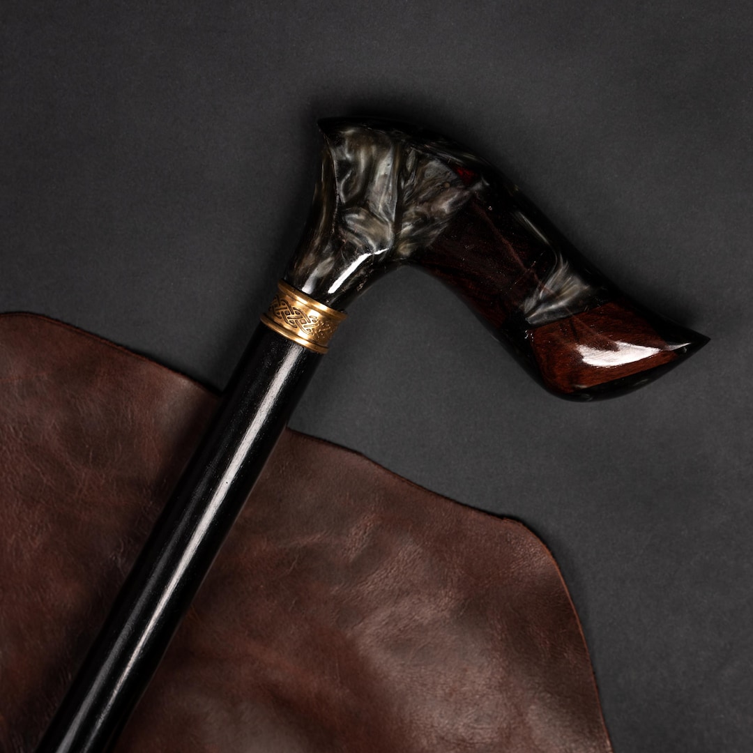 Handcrafted Palmwood Walking Cane: Black Resin Epoxy & Brass Inlay - Etsy