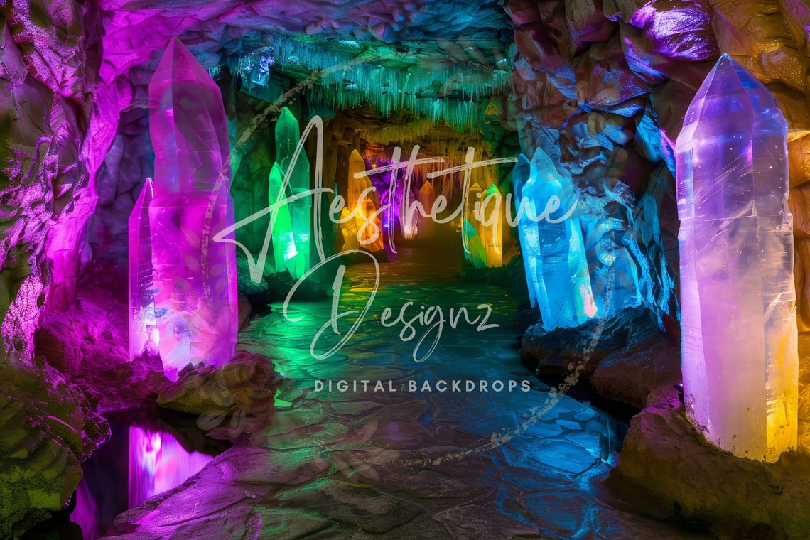 Glowing Crystal Cave Digital Backdrop Crystal Rock Cave Digital ...