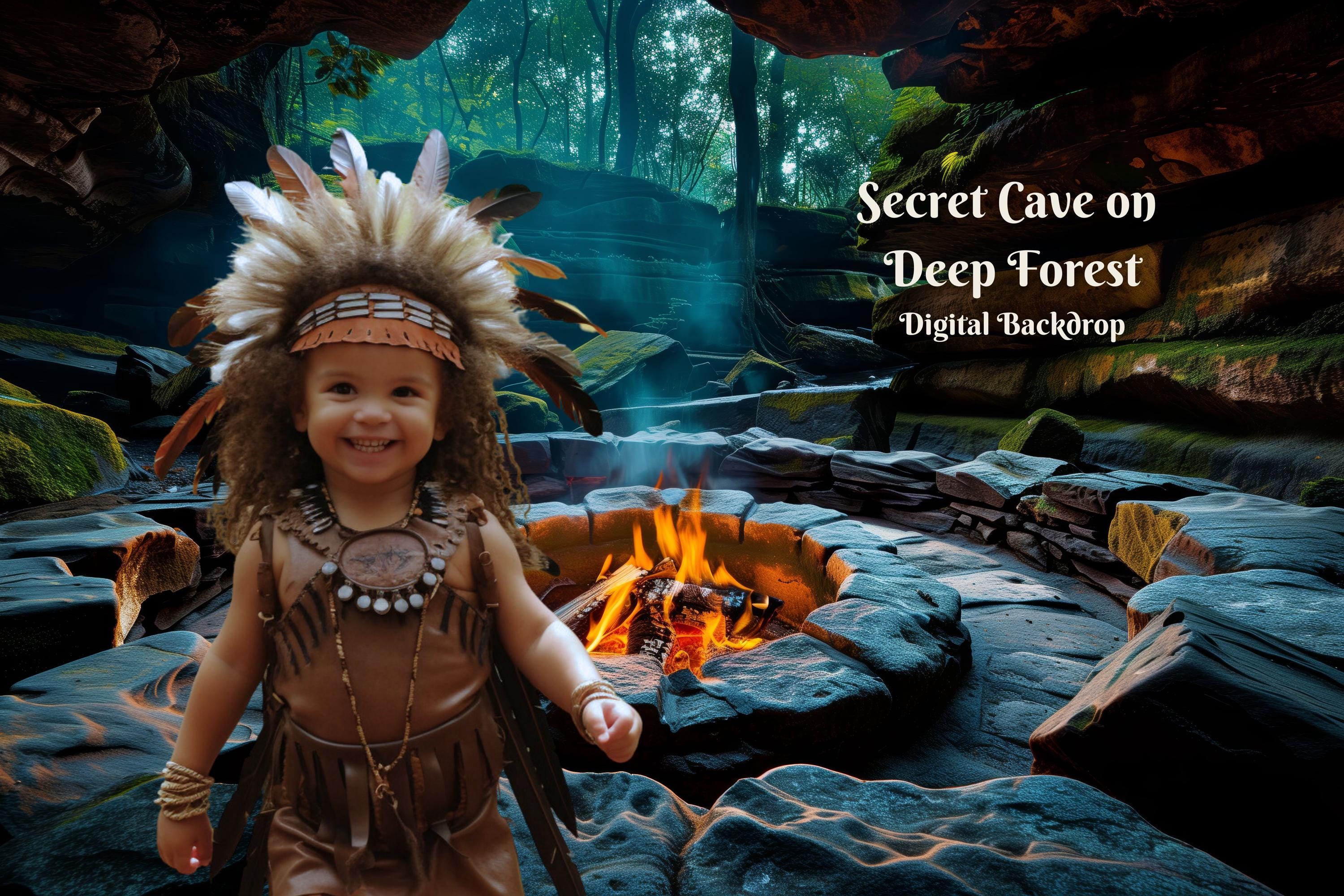 Secret Cave on Deep Forest Digital Backdrop for Campfire by the Cave ...