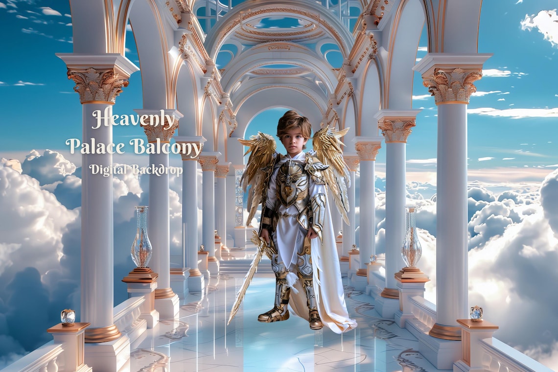 Heavenly Palace Balcony Digital Backdrop White Marble Hall in the Sky ...