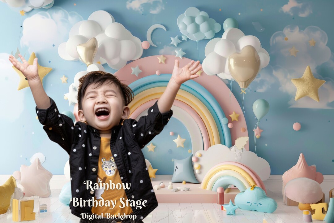Rainbow Birthday Stage Digital Backdrop Kid's Birthday Photo Background ...