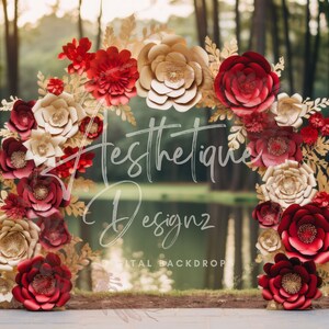Red Floral Arch Backdrop Red and Gold Digital Backdrop Red Flower Arch ...