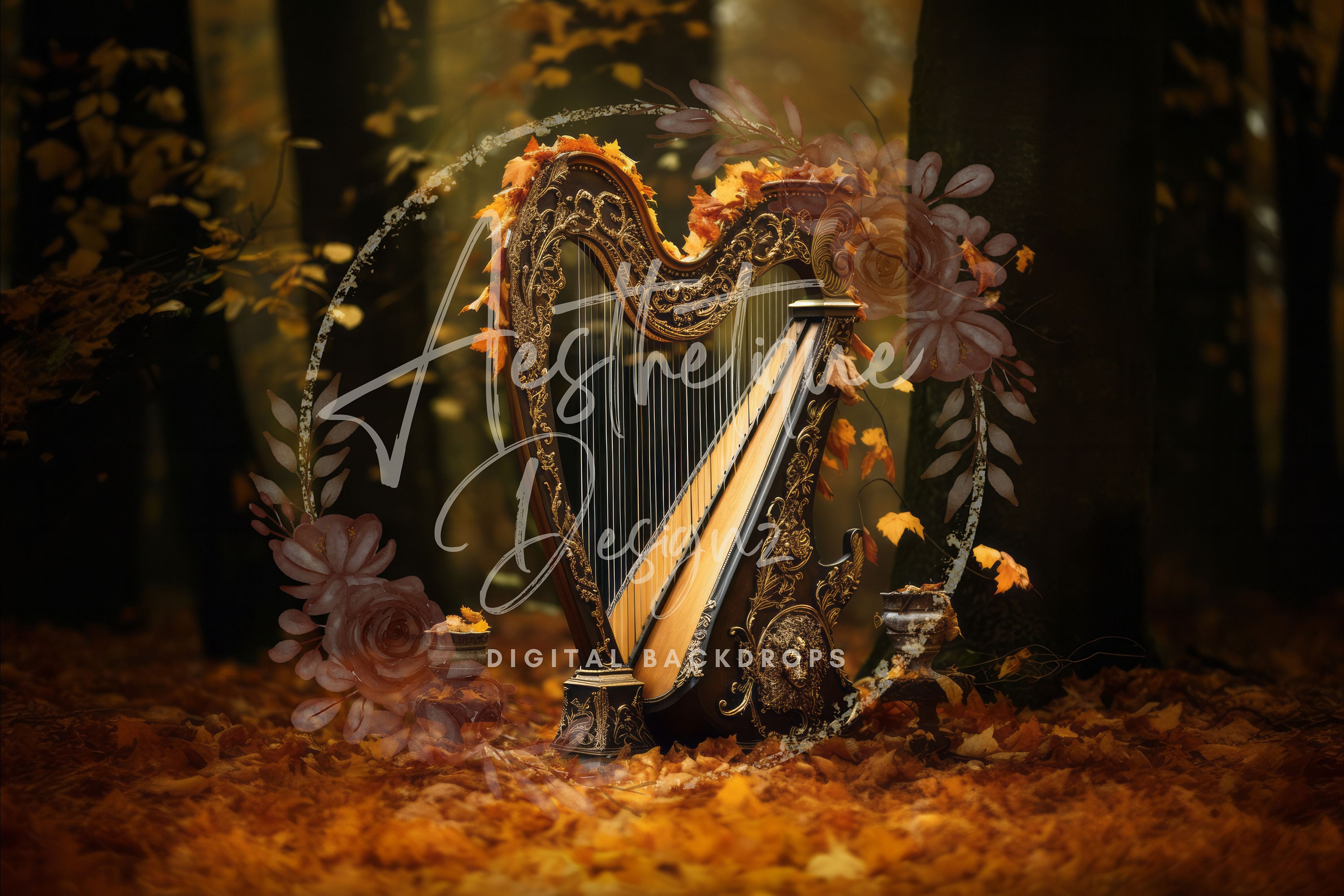 Autumn Lyre Digital Backdrop Ethereal Fall Digital Background for ...