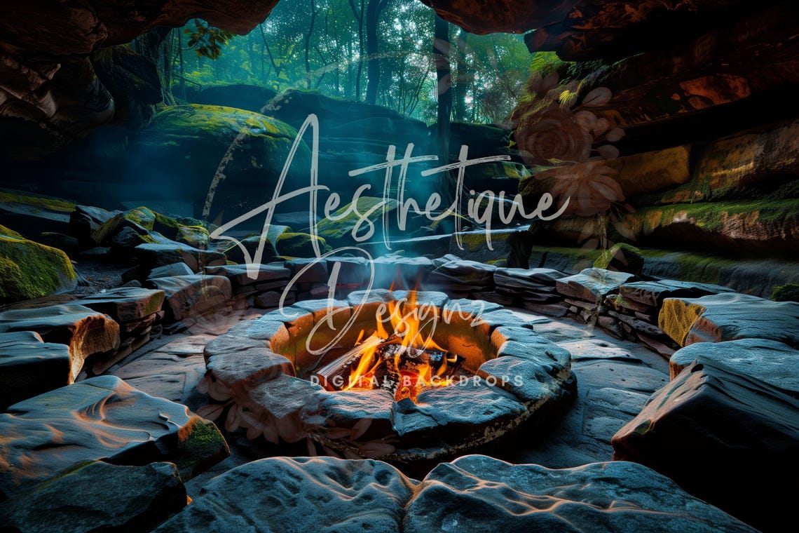 Secret Cave on Deep Forest Digital Backdrop for Campfire by the Cave ...
