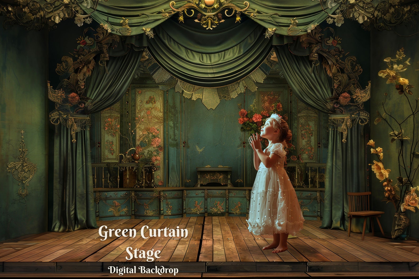 Green Curtain Mini Stage Digital Backdrop Classical Performance Theater ...