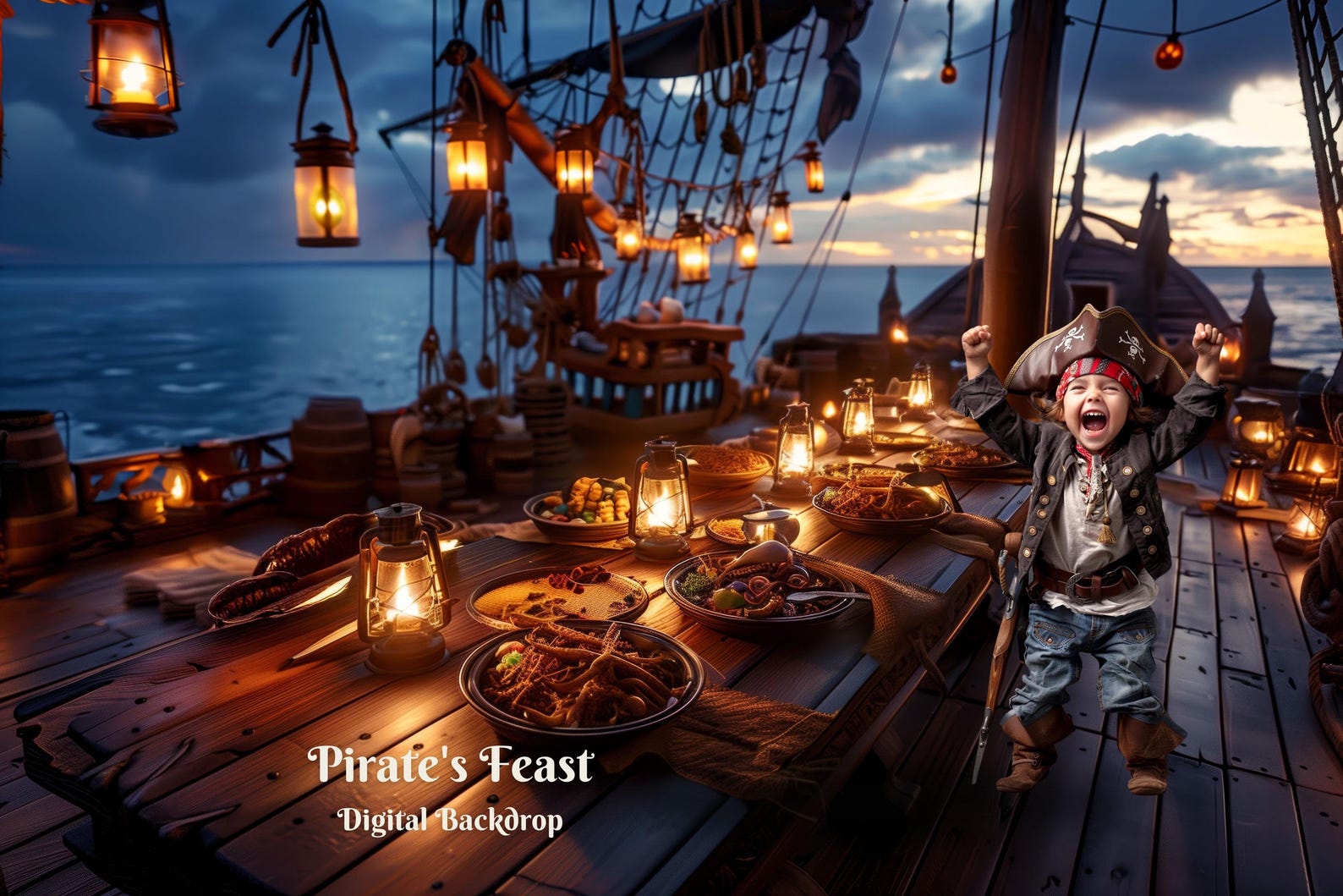 Pirate's Feast Digital Backdrop Pirate Ship Banquet Photo Background ...