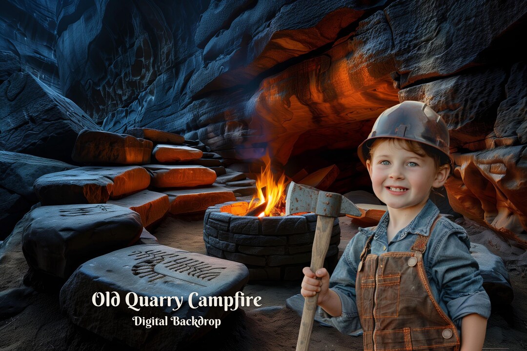Old Quarry Campfire Digital Backdrop Gold Miner's Camp Digital Background Stone Cave Camp ...