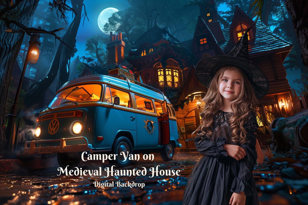 Camper Van on Medieval Haunted House Digital Backdrop Witch House Photo ...