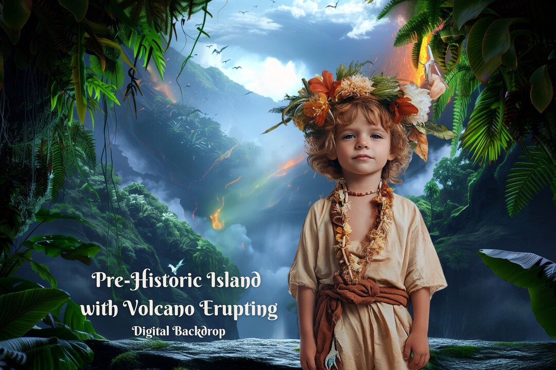 Pre-historic Island With Volcano Erupting Digital Backdrop Island ...