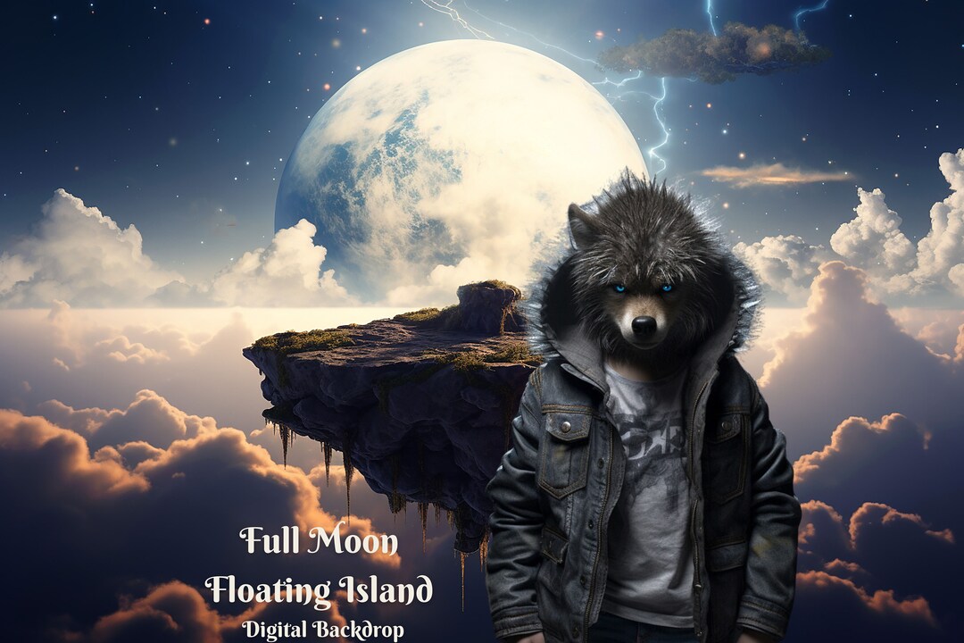 Full Moon Floating Island Digital Backdrop Enigmatic Moon Background ...