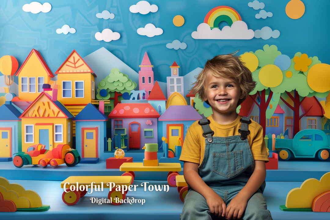 Colorful Paper Town Digital Backdrop Paper Mache City Photo Background ...