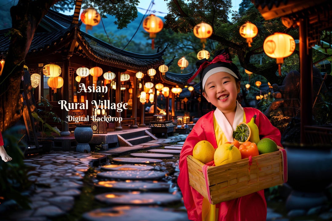 Asian Rural Village Digital Backdrop Chinese Lantern Town Background ...