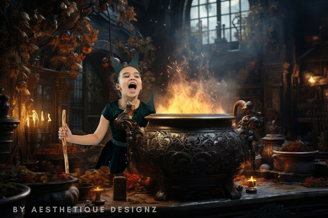 Witch Cauldron Halloween Digital Backdrop Witch Hut Digital Background ...
